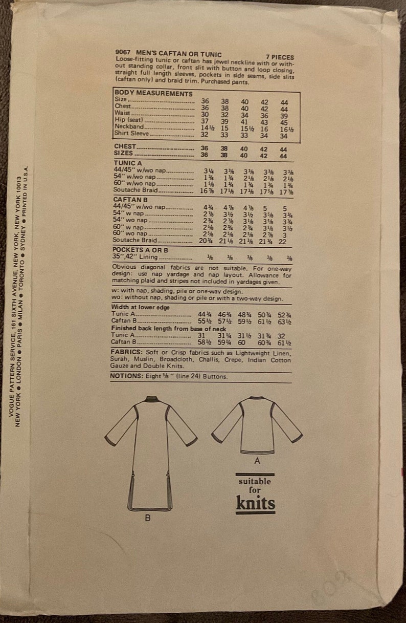 Rare Vintage 1970s Vogue Sewing Pattern 9067. Mens Caftan or Tunic ...