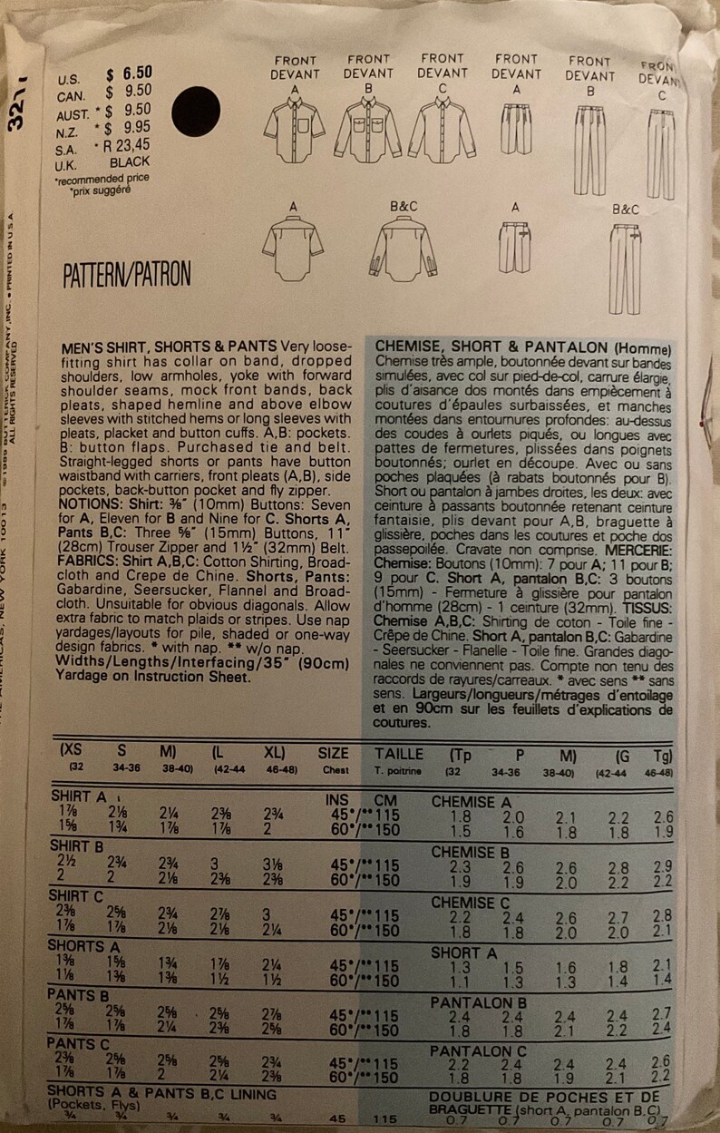 Butterick 3217 Sewing Pattern. Mens Shirt, Shorts, and Pants. Office ...