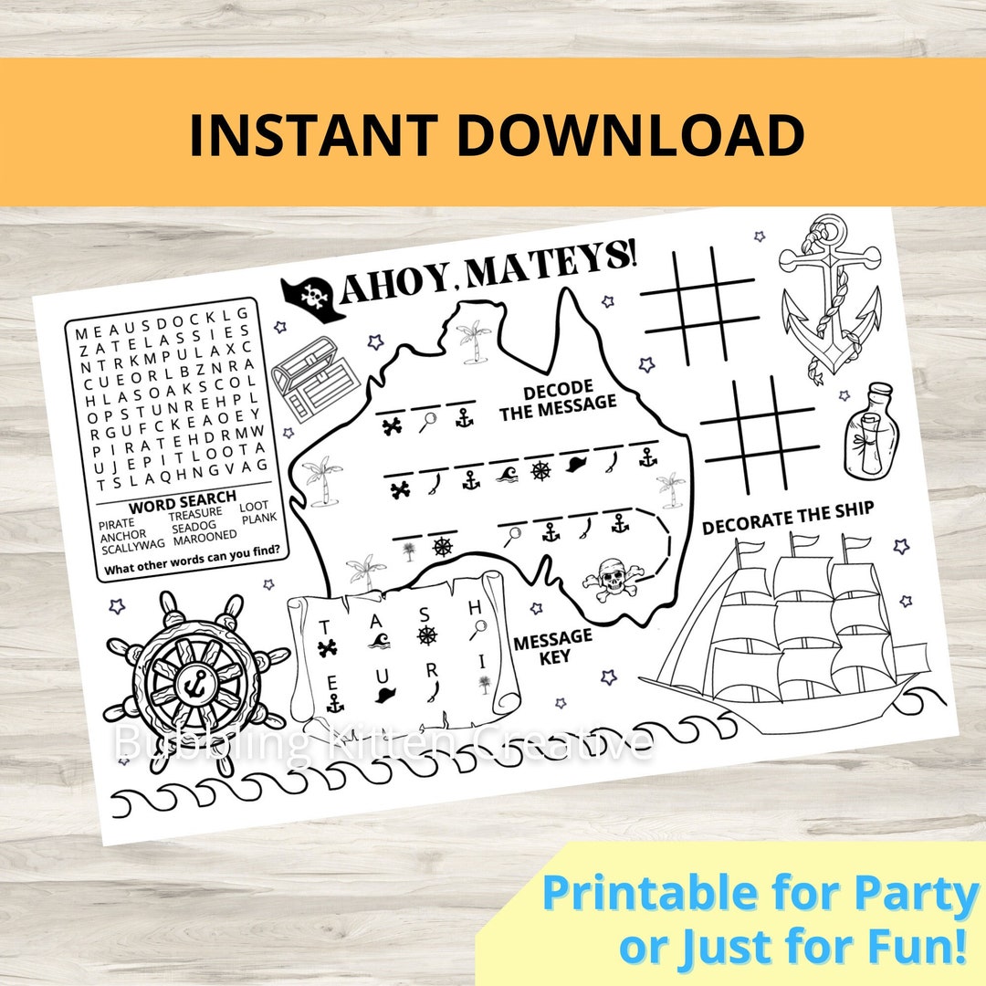 Kids Pirate Party Placemat | Kids Printable for Party or Activity Time ...