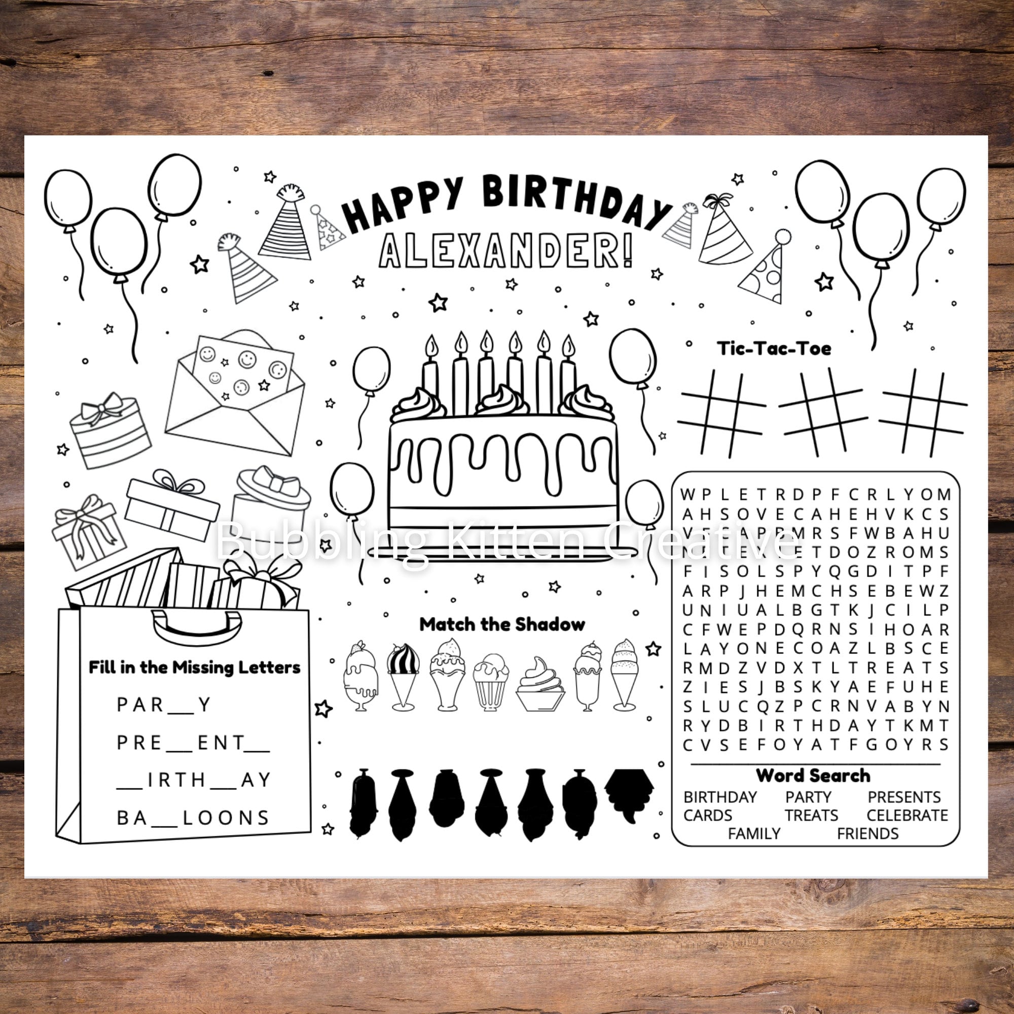 Personalized Kids Birthday Party Activity Sheet | Birthday Party ...