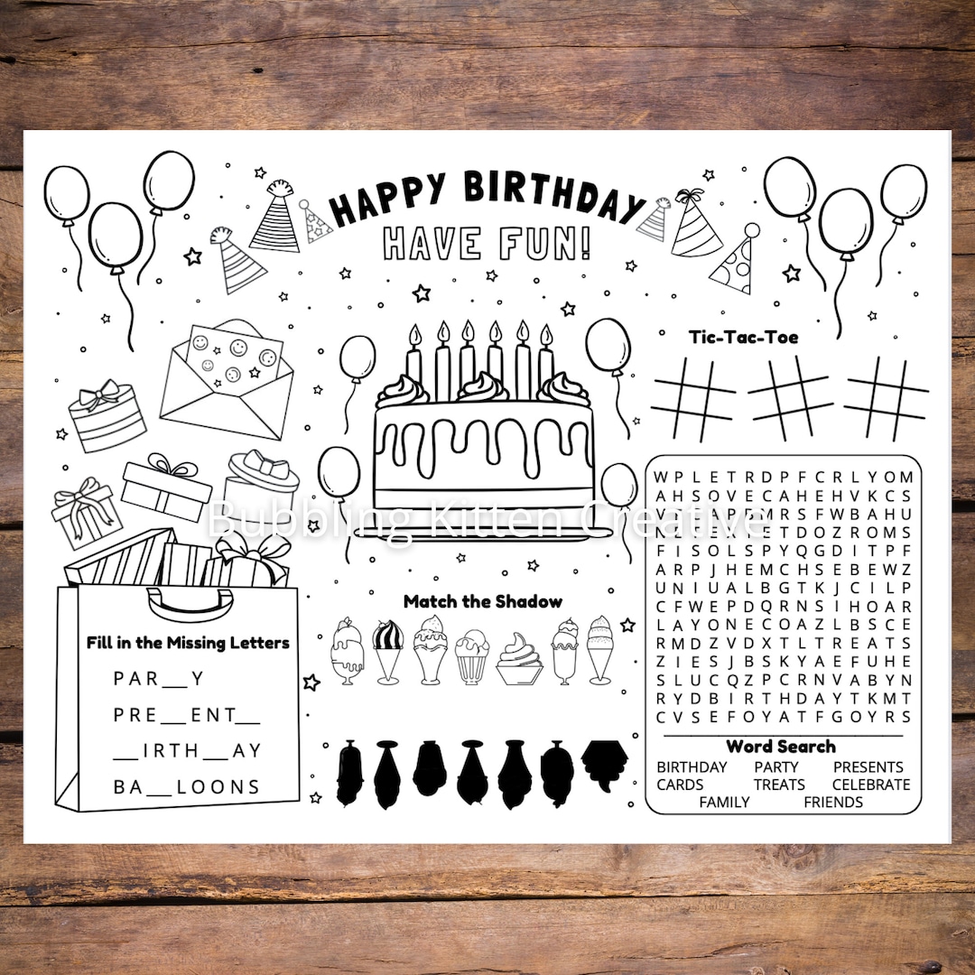 Kids Birthday Party Placemat Activity Sheet | Birthday Favor Printable ...
