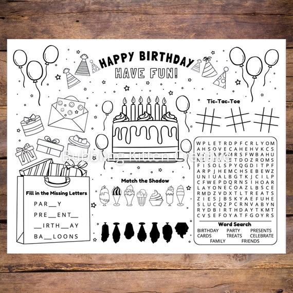 Kids Birthday Party Placemat Activity Sheet Birthday Favor - Etsy