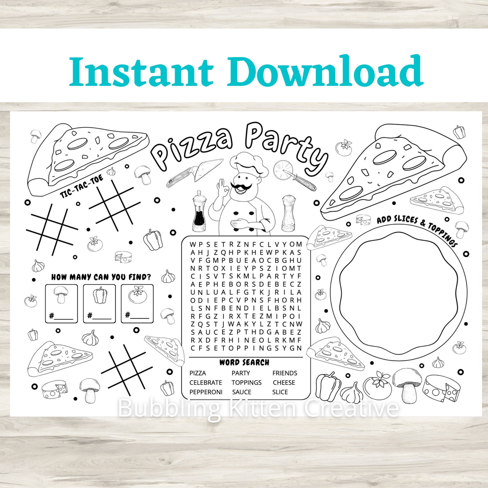 Kids Pizza Party Placemat Activity & Coloring Sheet | Printable Kids ...
