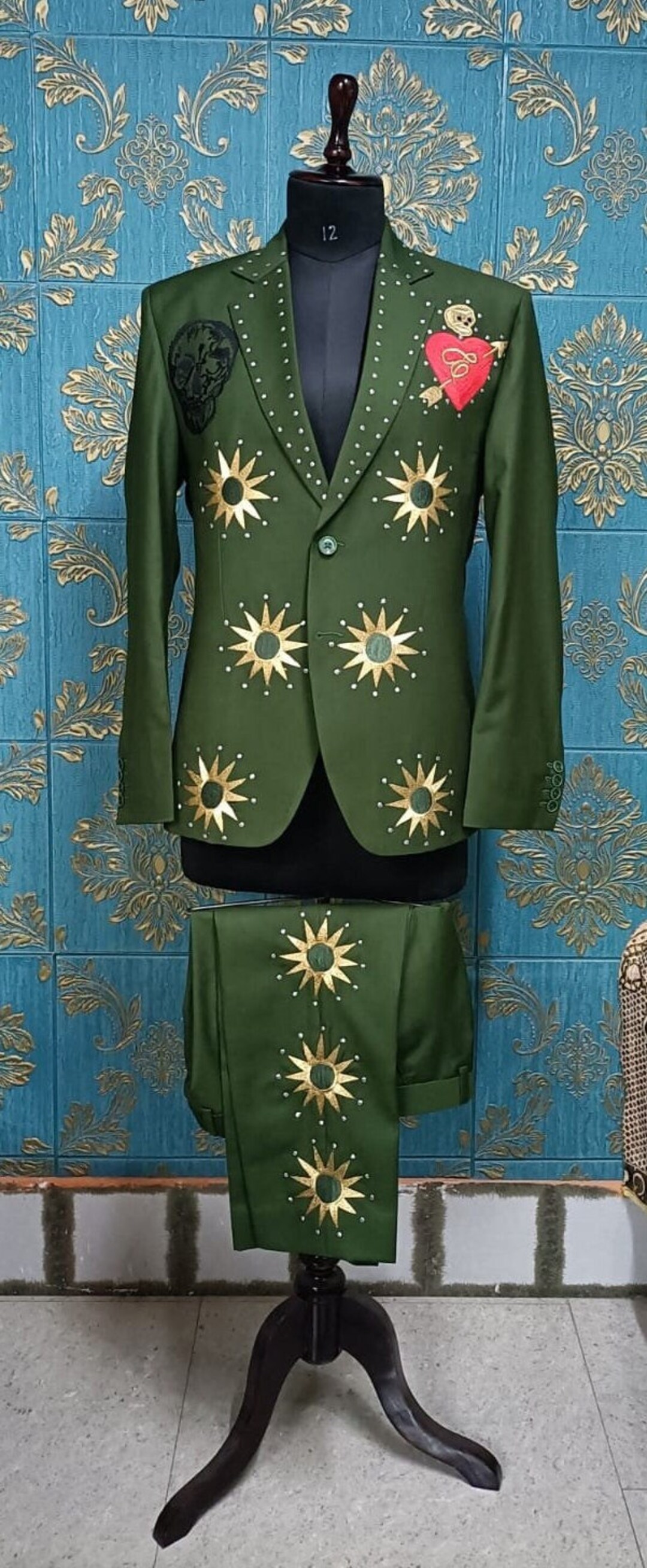 Men Western Suits Green Cotton 2pc Prom Wedding Cocktail Attire Country ...