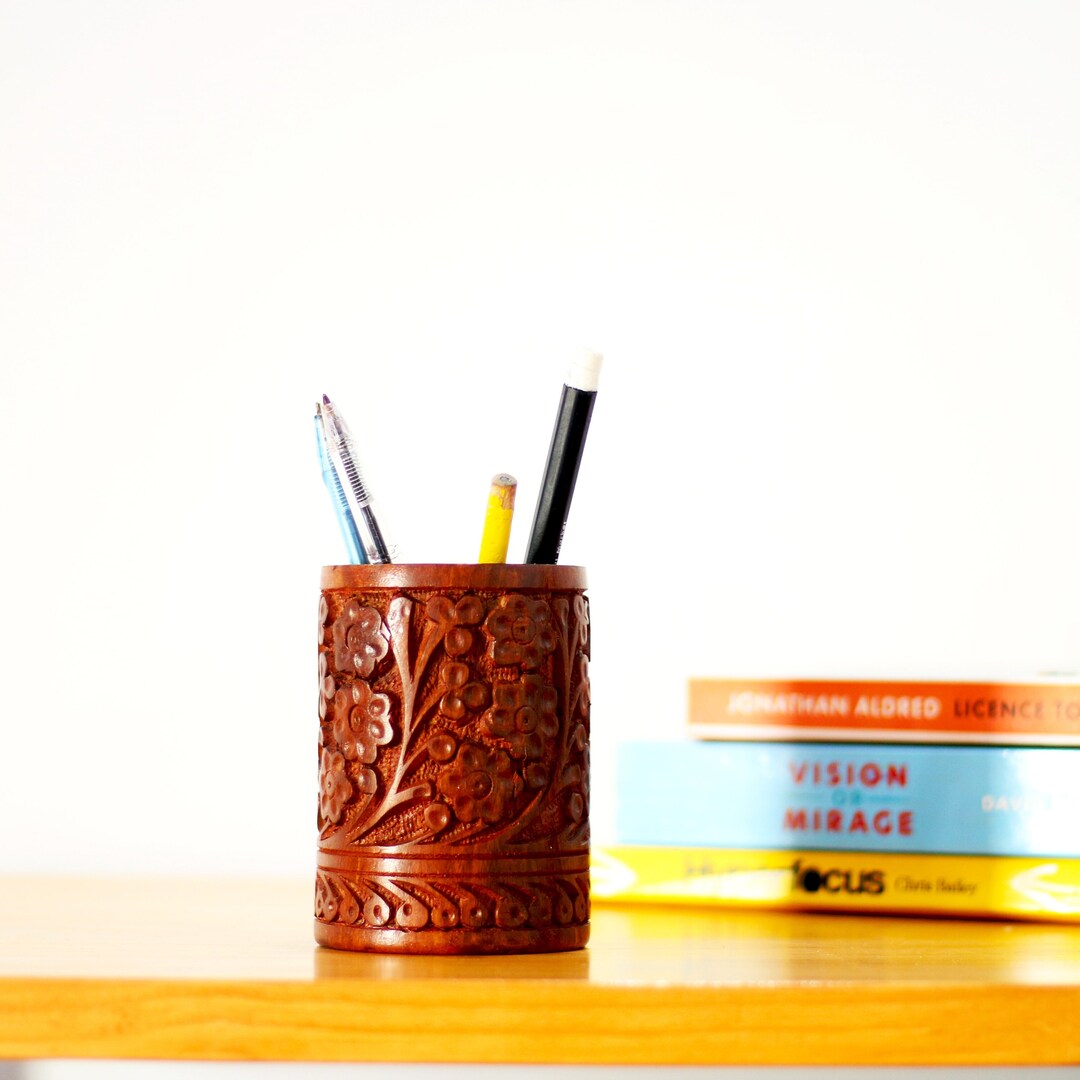 Wood Engraved Pen Holder for Desk, Handmade Pen and Pencil Holder for ...