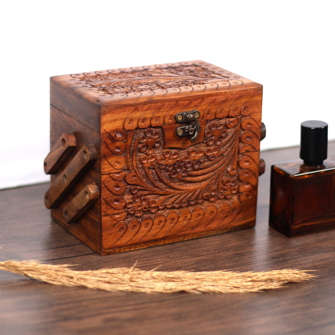 Foldable Jewelry Box With 3 Compartments, Engraved Wood Jewelry ...