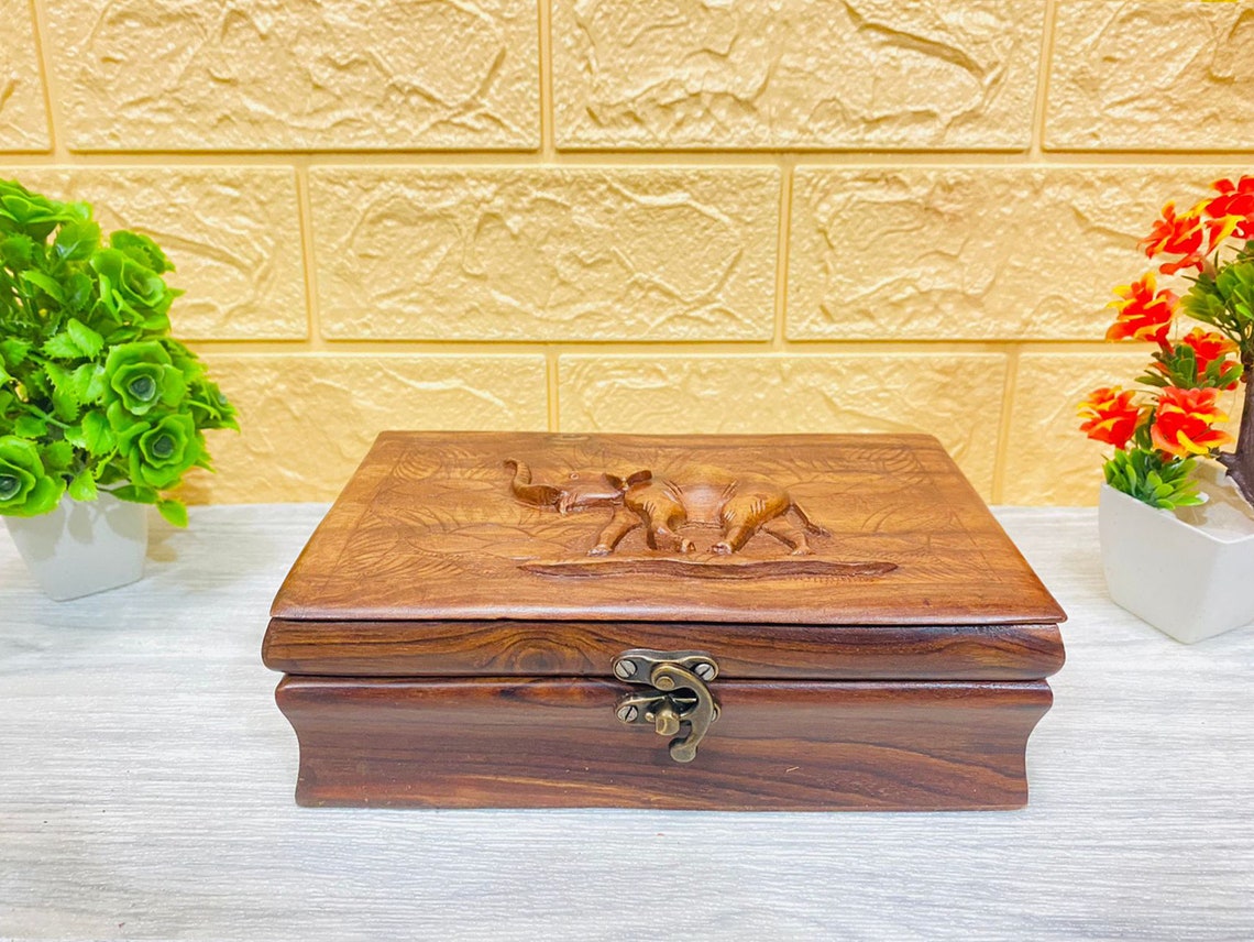 Elephant Jewelry Box Hand Carved Wooden Elephant Trinket - Etsy