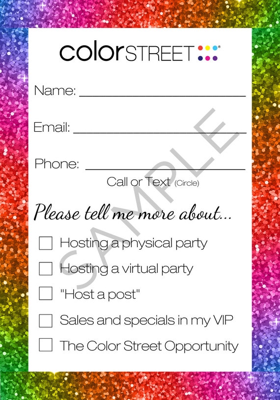 Rainbow Glitter Color Street Party Printable Game Contact Card Paper ...