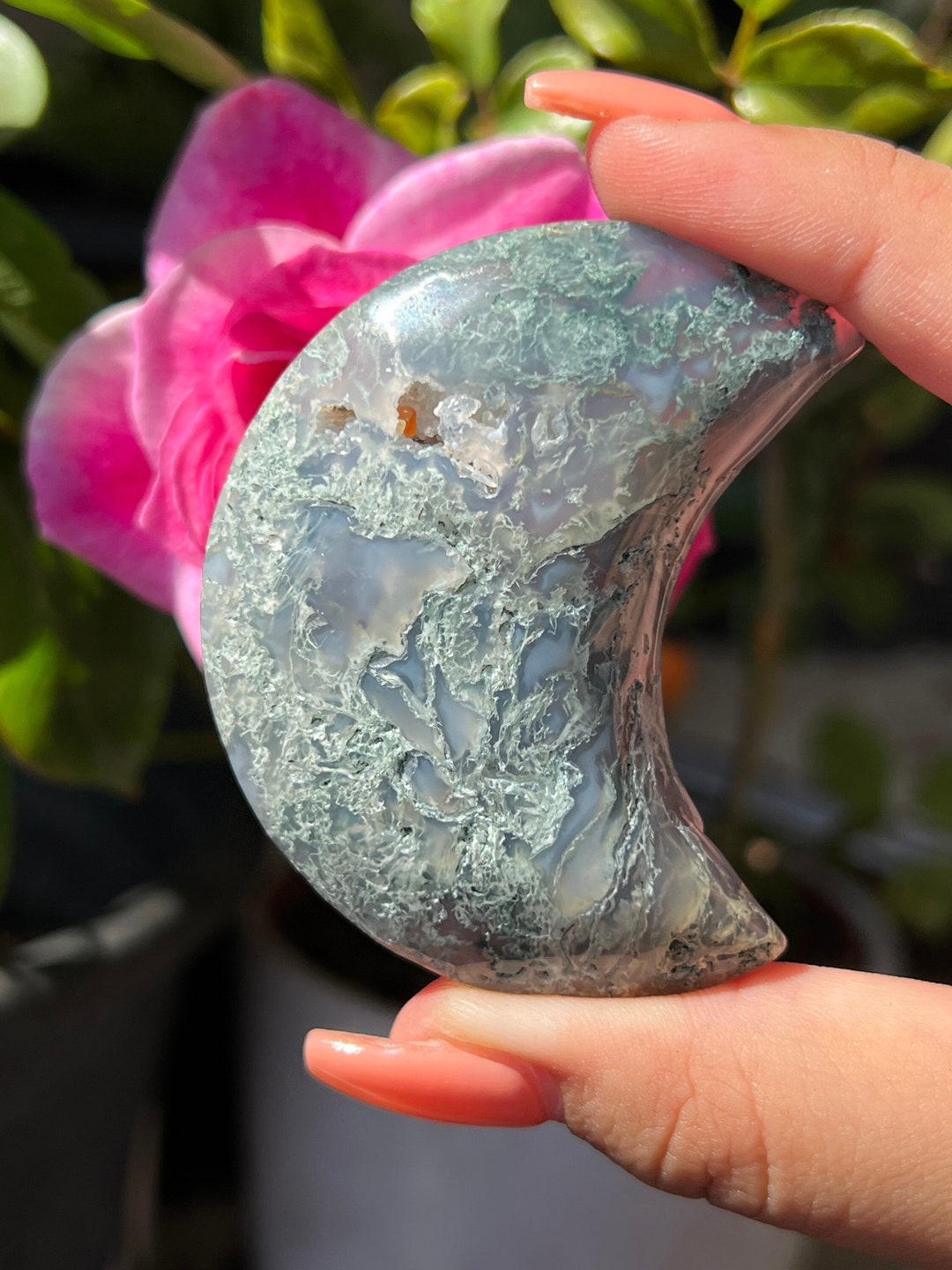 Natural Moss Agate Moon, High Quality Moss Agate Crystal, Natural ...