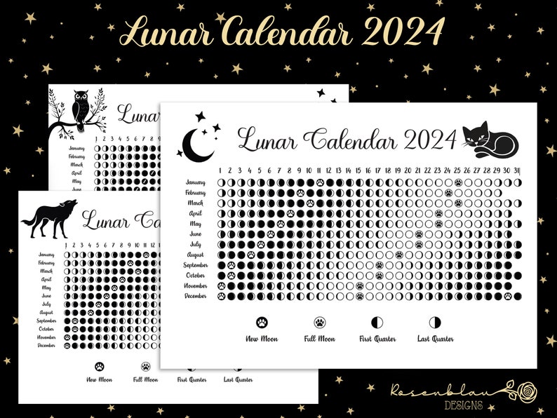 Lunar Calendar 2024 Printable Moon Phases A4, A5 & Letter - Etsy