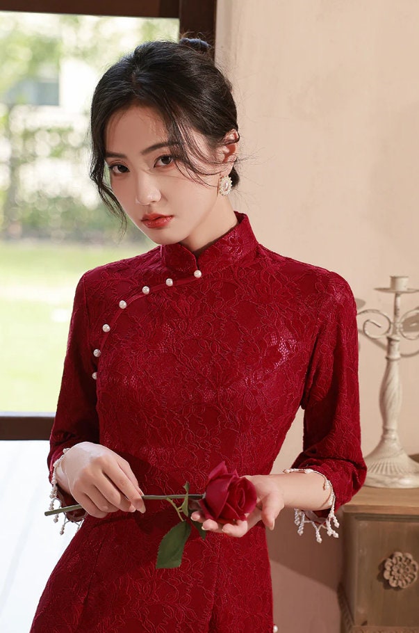 Elegant Traditional Chinese Dress, Chinese Cheongsam Dress, Ball Gowns, 3/4 Sleeve, Mandarin ...