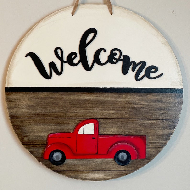 Large Welcome Red Pickup Truck Wood Sign • 8 Interchangeable Seasons ...