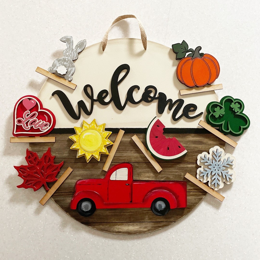 Large Welcome Red Pickup Truck Wood Sign • 8 Interchangeable Seasons ...