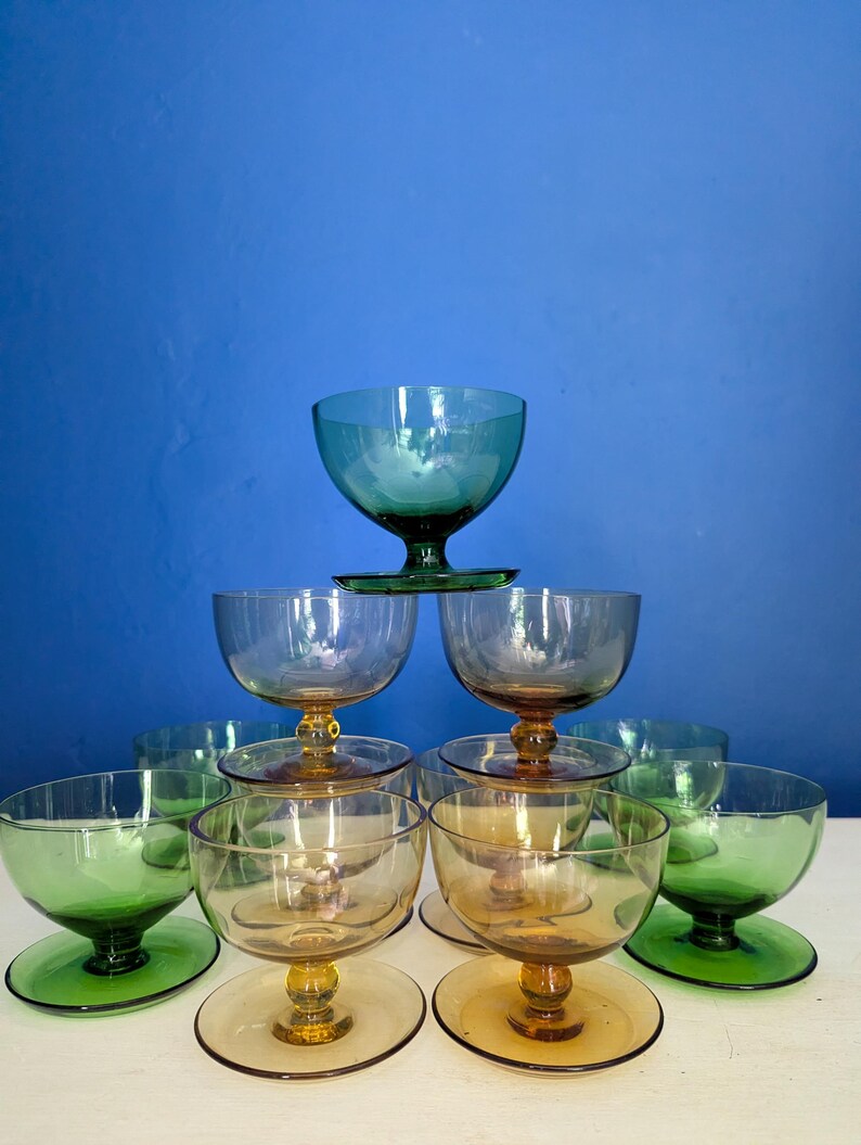1950s Harlequin Glass Dessert Bowls: Emerald Green & Amber Cocktail ...