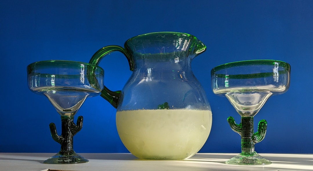 Handblown Mexican Glass Cactus Margarita Pitcher and Glasses - Etsy