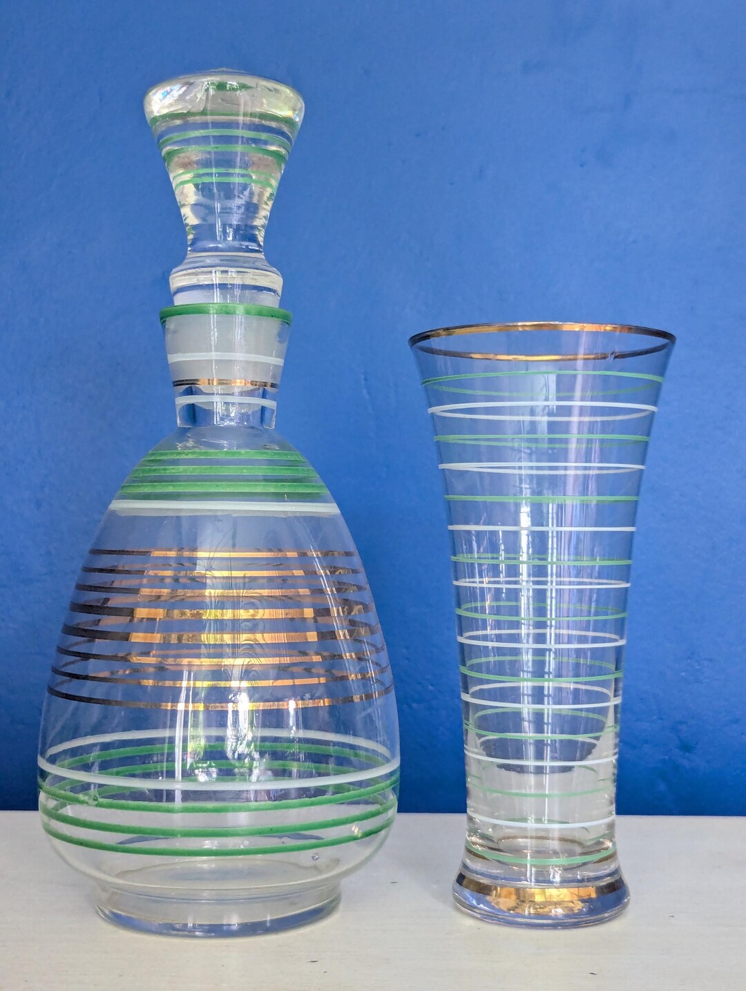 Vintage Hand-painted Glass Decanter and Tumbler Set – Mid-century ...