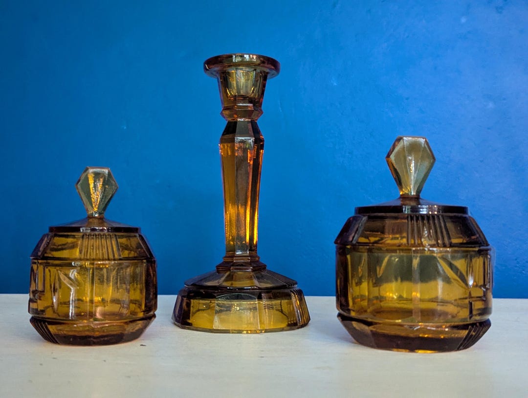 Amber Art Deco Glass Vanity Set – Candlestick Holder & Two Trinket Pots ...