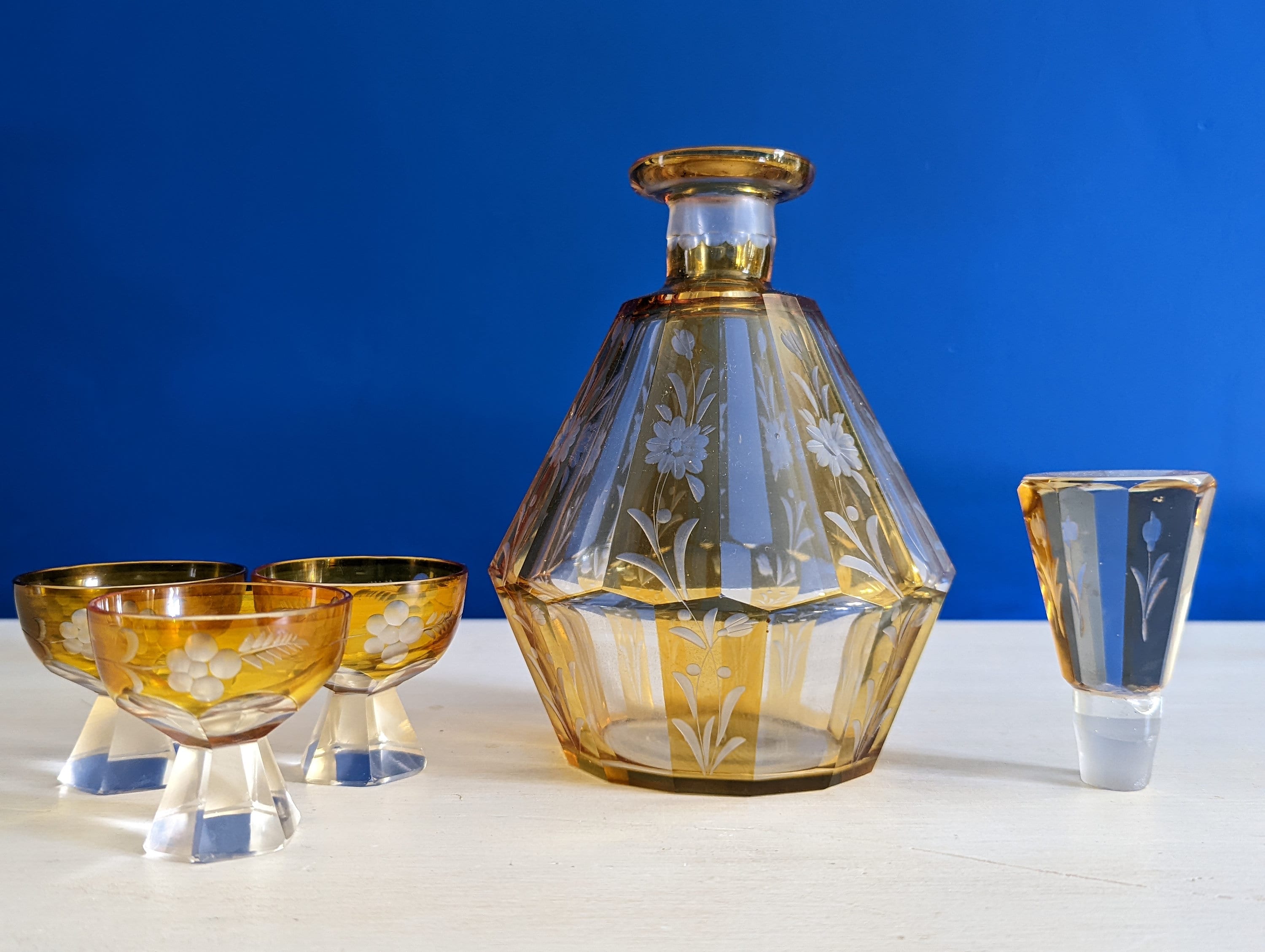 Czech Bohemian Art Deco Glass Decanter Set With 3 Liqueur Glasses ...