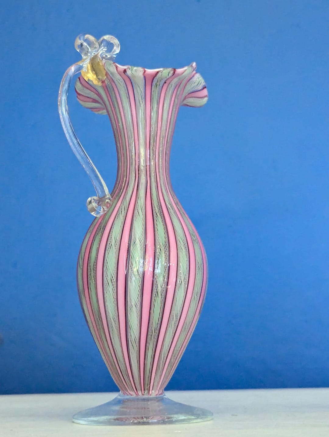 Vintage Murano Art Glass Jug: Zanfirico Latticino Aventurine, Pink ...