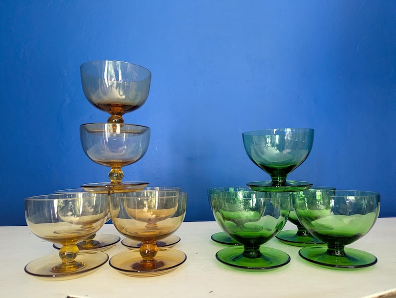 1950s Harlequin Glass Dessert Bowls: Emerald Green & Amber Cocktail ...