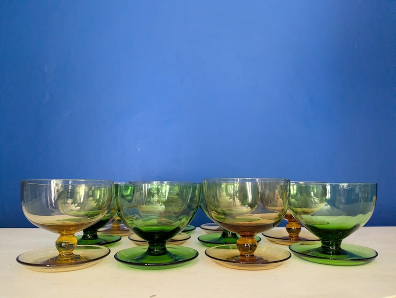 1950s Harlequin Glass Dessert Bowls: Emerald Green & Amber Cocktail ...