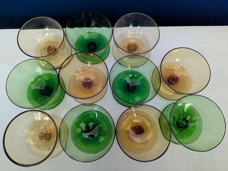 1950s Harlequin Glass Dessert Bowls: Emerald Green & Amber Cocktail ...
