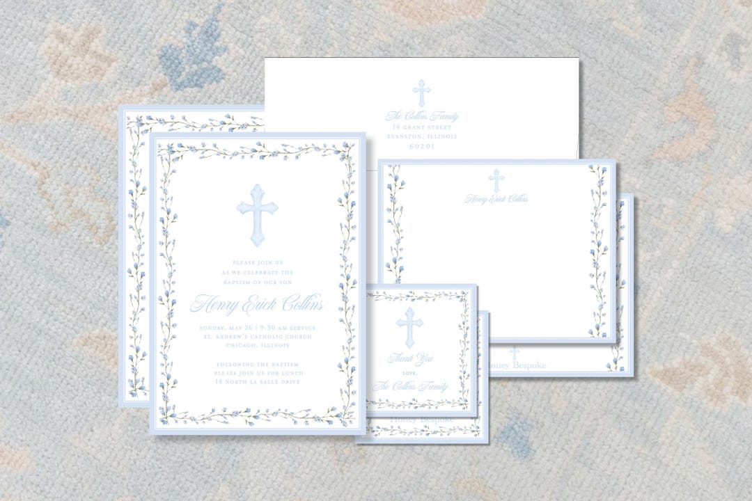 Boy Baptism Invitation | Watercolor Cross | Blue Floral Border | Baby ...