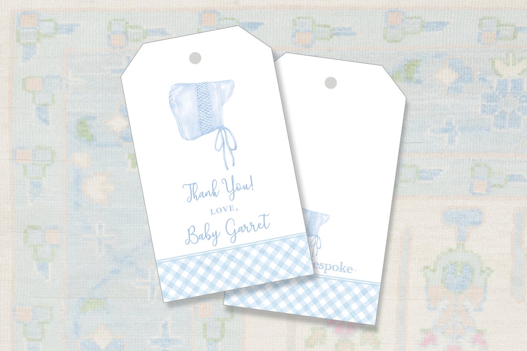 Watercolor Baby Bonnet Gift Tag / Blue Gingham Baby Shower Gift Tag ...