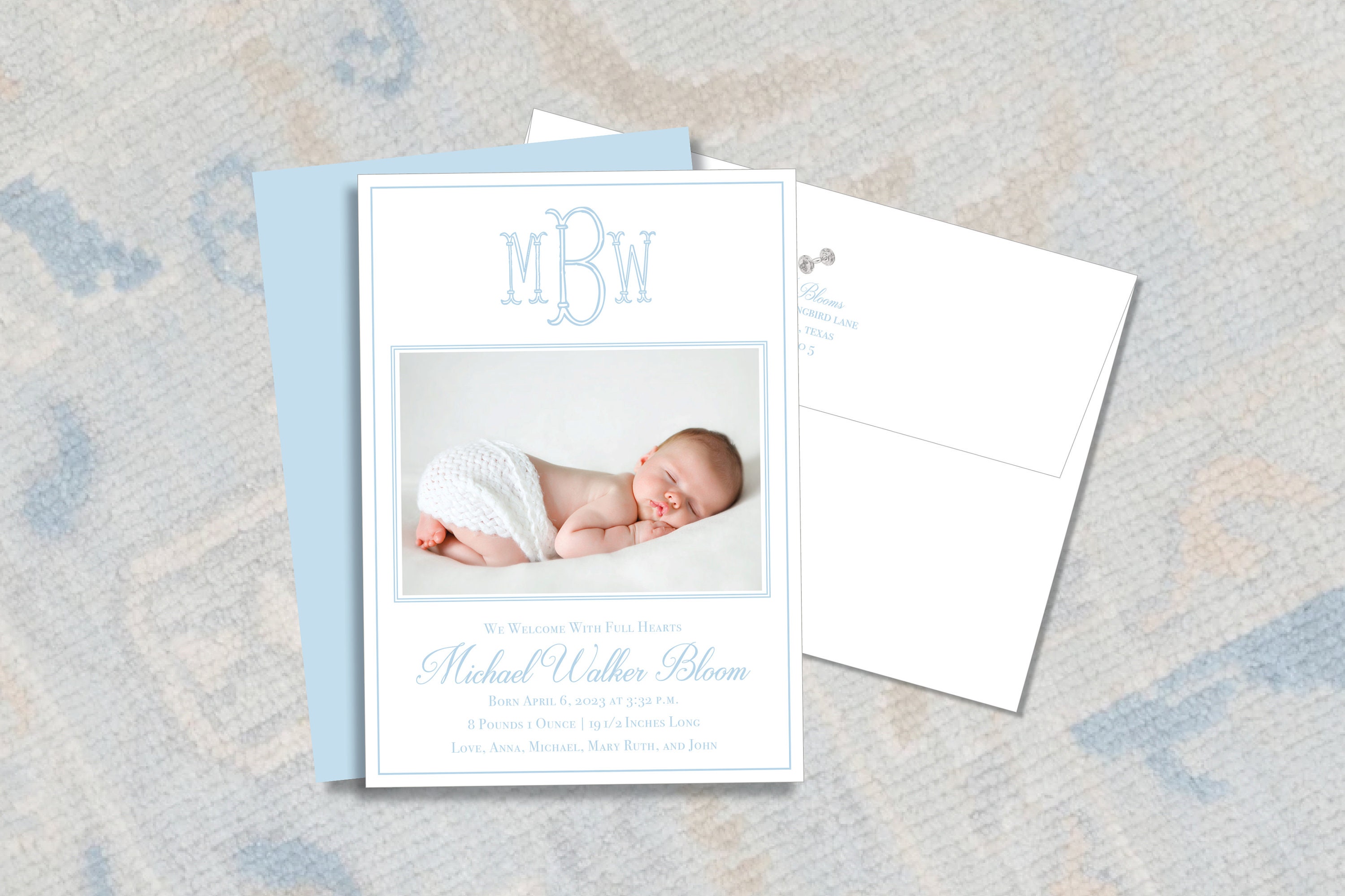 Personalized Baby Birth Announcement | Blue Photo Card With Monogram - Etsy