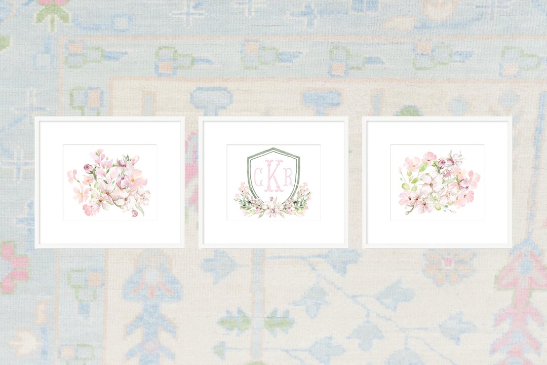 Grandmillennial Crest Nursery Art Print / Grandmillennial Floral Art ...