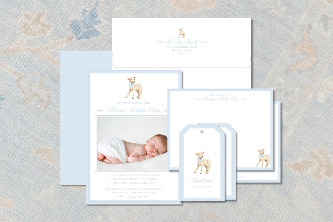 Preppy Baby Lamb Birth Announcement / Watercolor Baby Photo Card ...