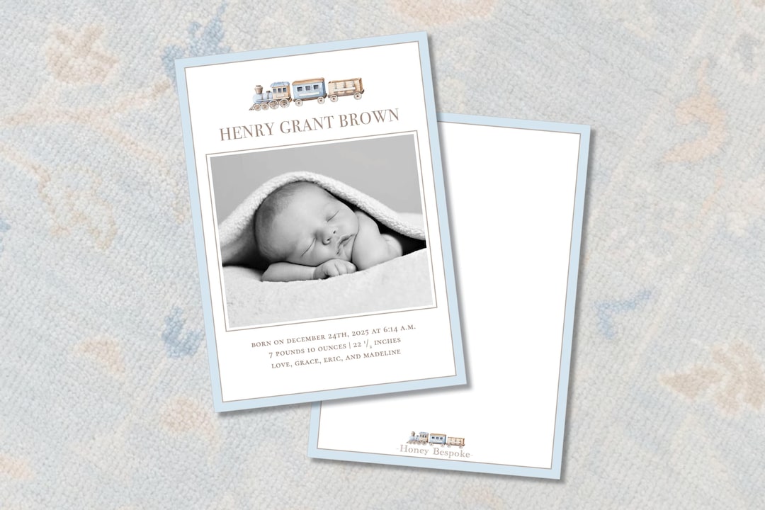 Watercolor Train Birth Announcement | Baby Boy Photo Card | Printable ...