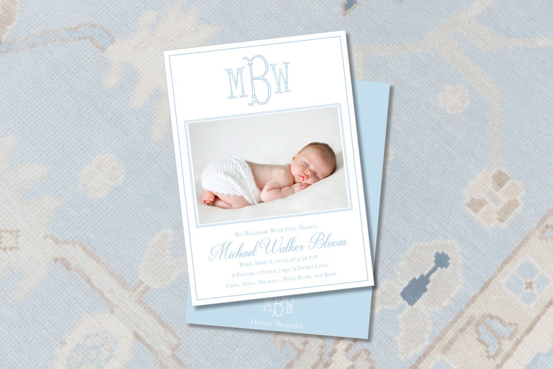 Personalized Baby Birth Announcement | Blue Photo Card With Monogram - Etsy