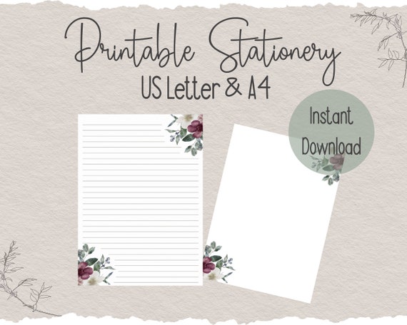 Watercolor Flowers on Leaves Printable Stationery 8.5x11/a4 | Etsy