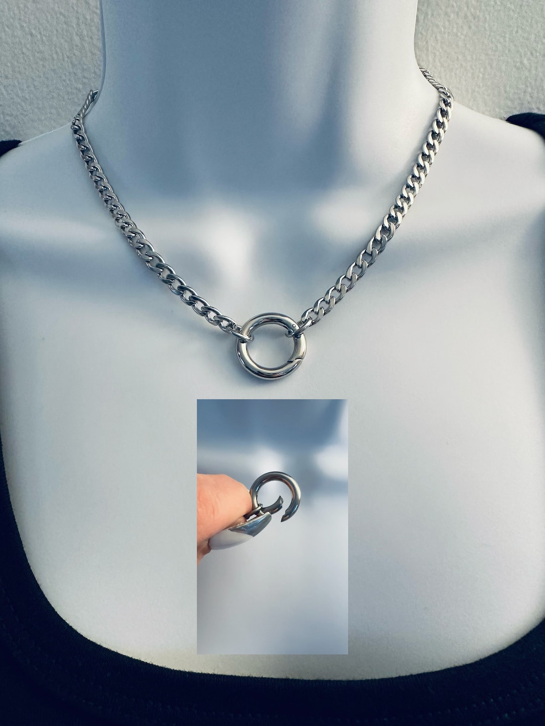 SPRING-LOCKING O-ring on a Flat Stainless Steel Cuban Link Chain Choker ...