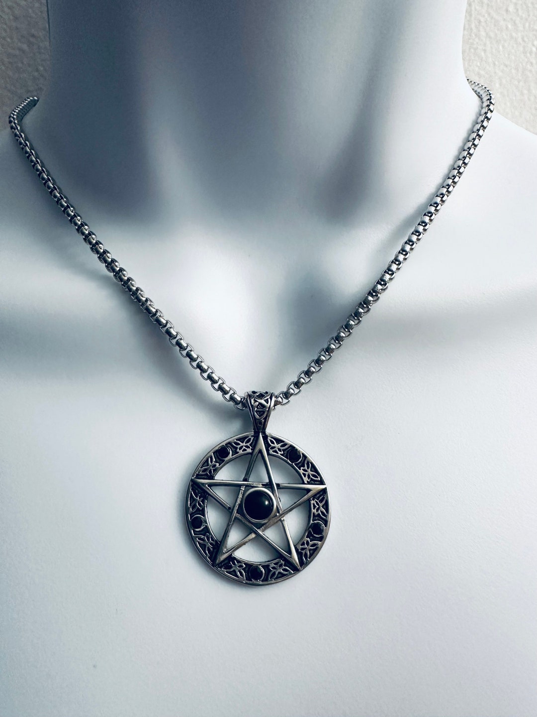 PENTAGRAM Stainless Steel Pentagram Star Necklace With Black Stones on ...