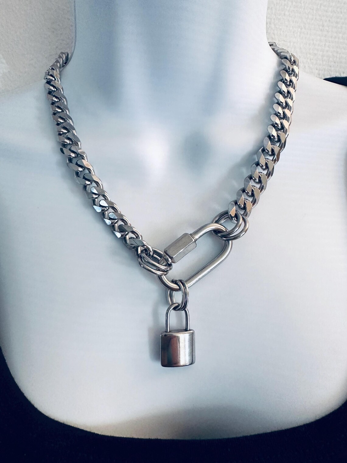 CARABINER CLIP Stainless Steel Very Heavy Chunky & Beveled Cuban Link ...