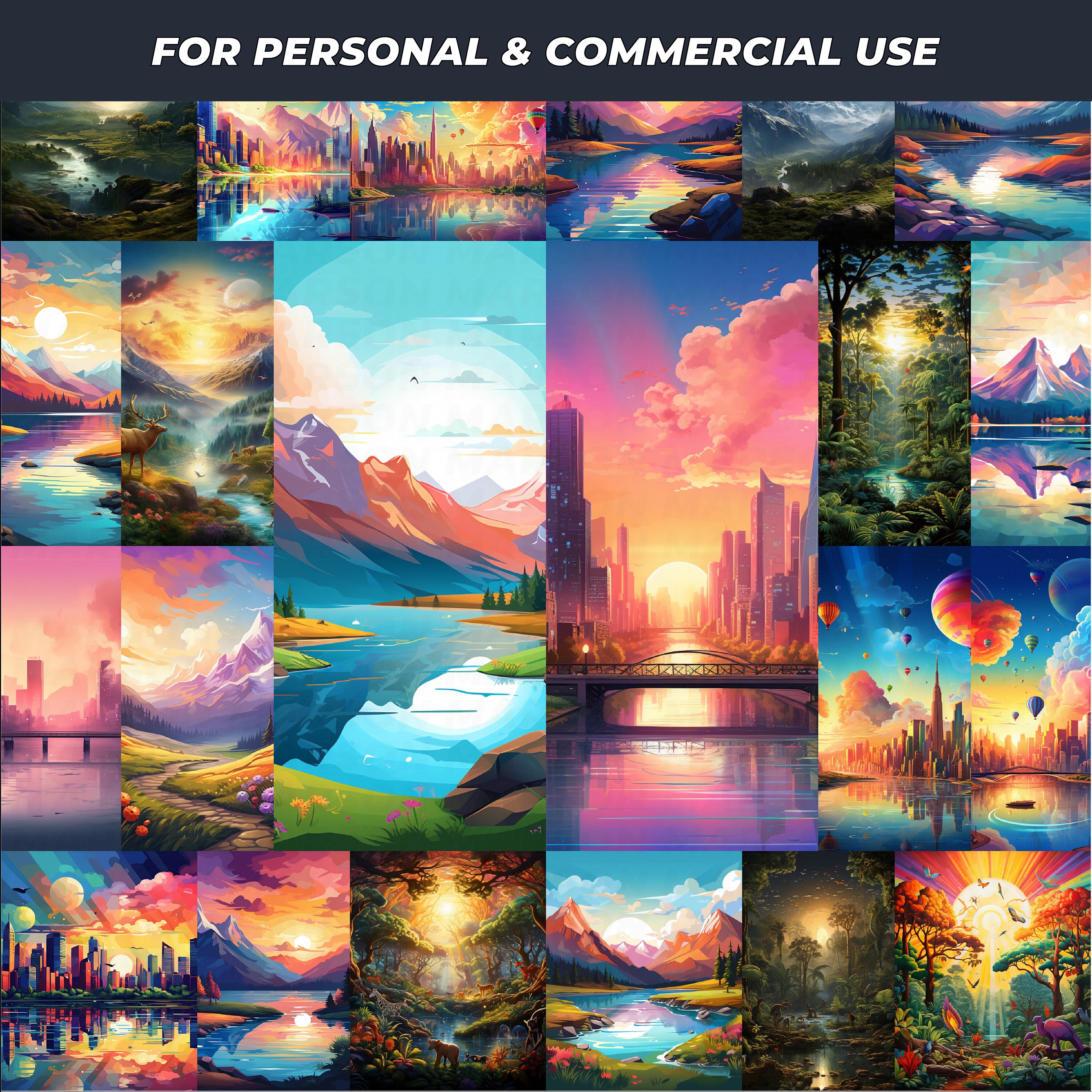 Landscape Wallpaper Patterns Bundle - City Skylines, Mountains, Rivers ...