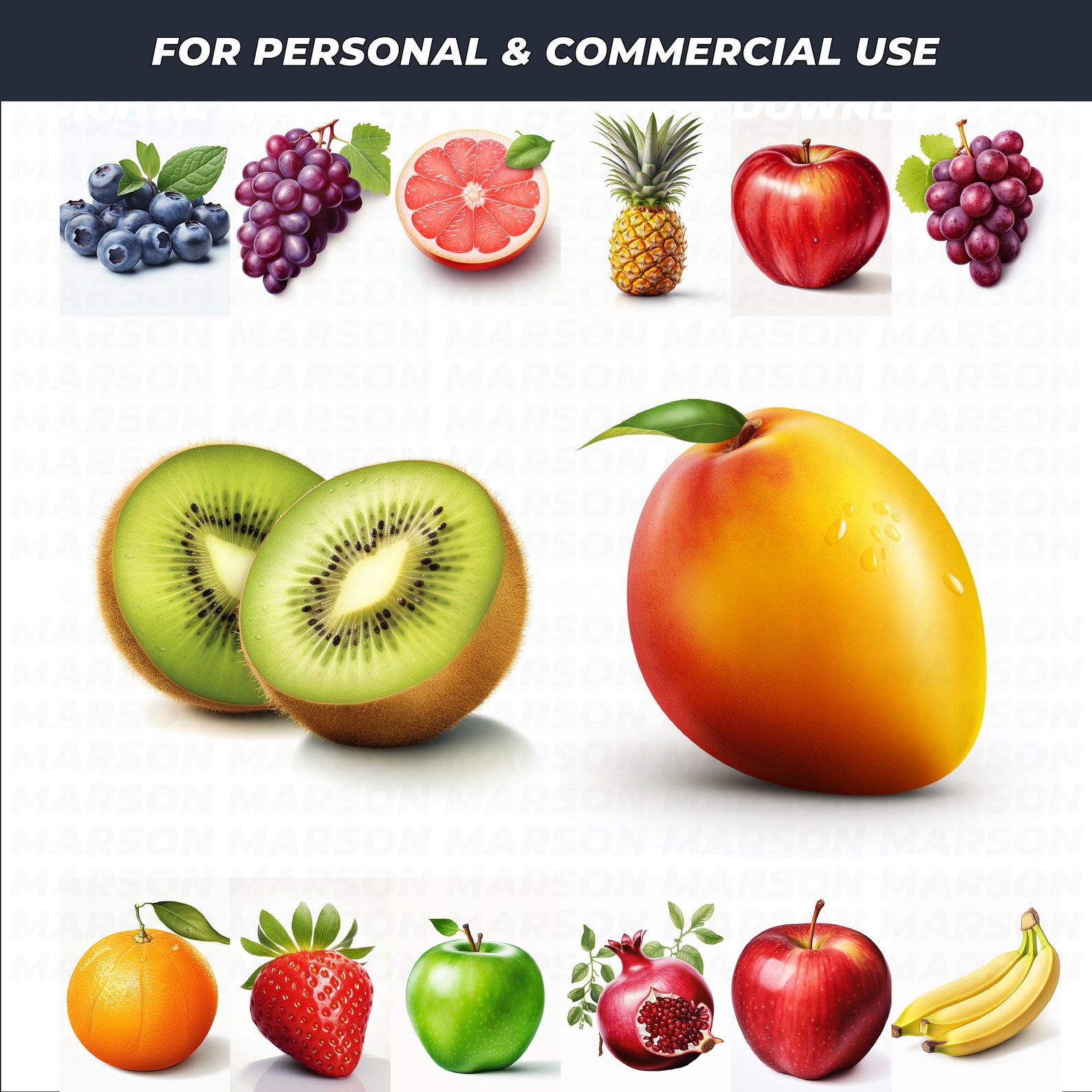 Fruit Clipart, Tropical Fruits PNG, Banana Clipart, Blueberries PNG ...