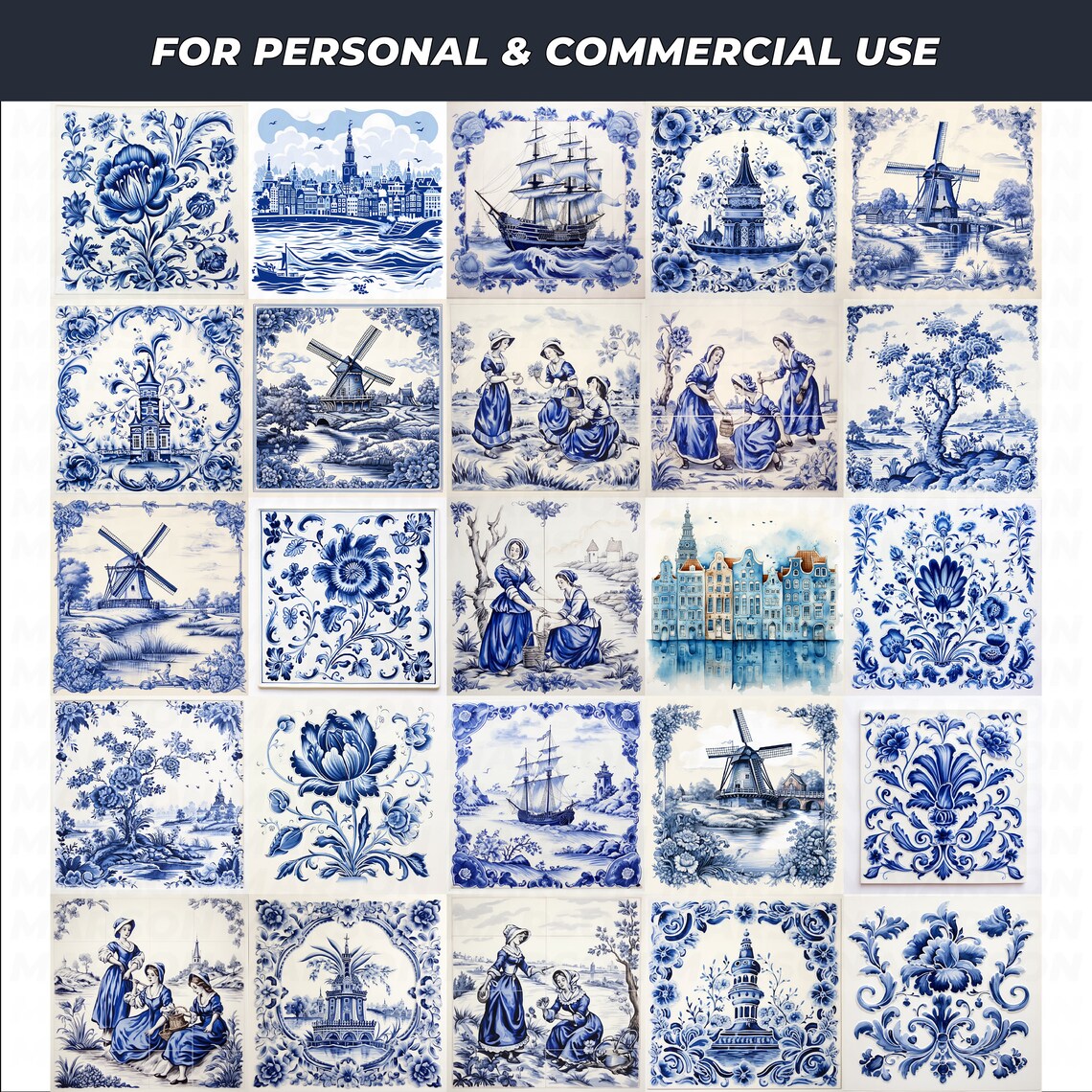 Delft Tiles Clipart, Delft Blue, Mediterranean Tile, Watercolor, Dutch ...