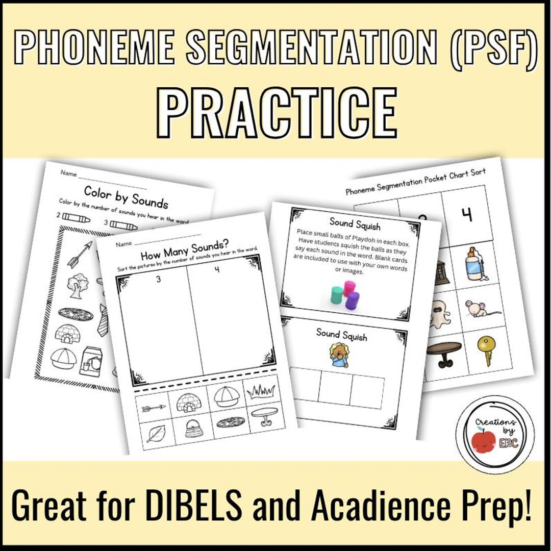 Phoneme Segmentation (PSF) Printable Worksheets and Centers (DIBELS and ...