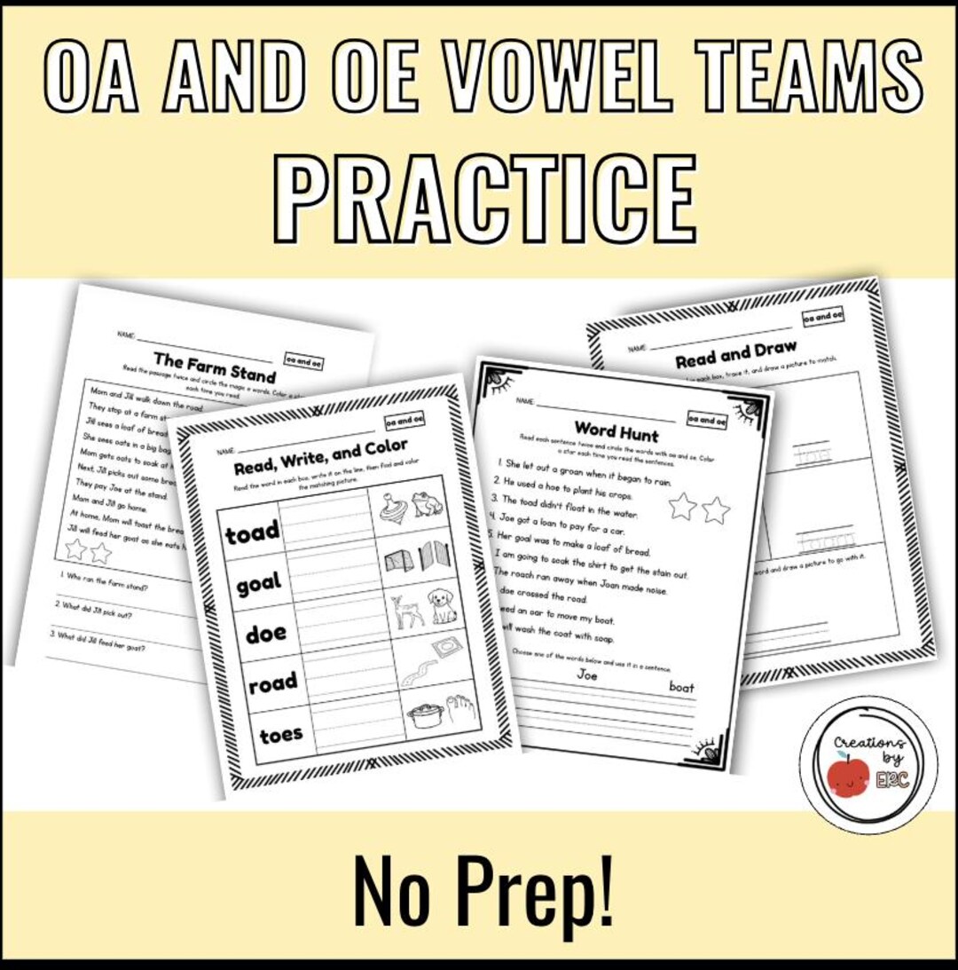 Oa and Oe Vowel Teams Practice Printable Worksheets - Etsy