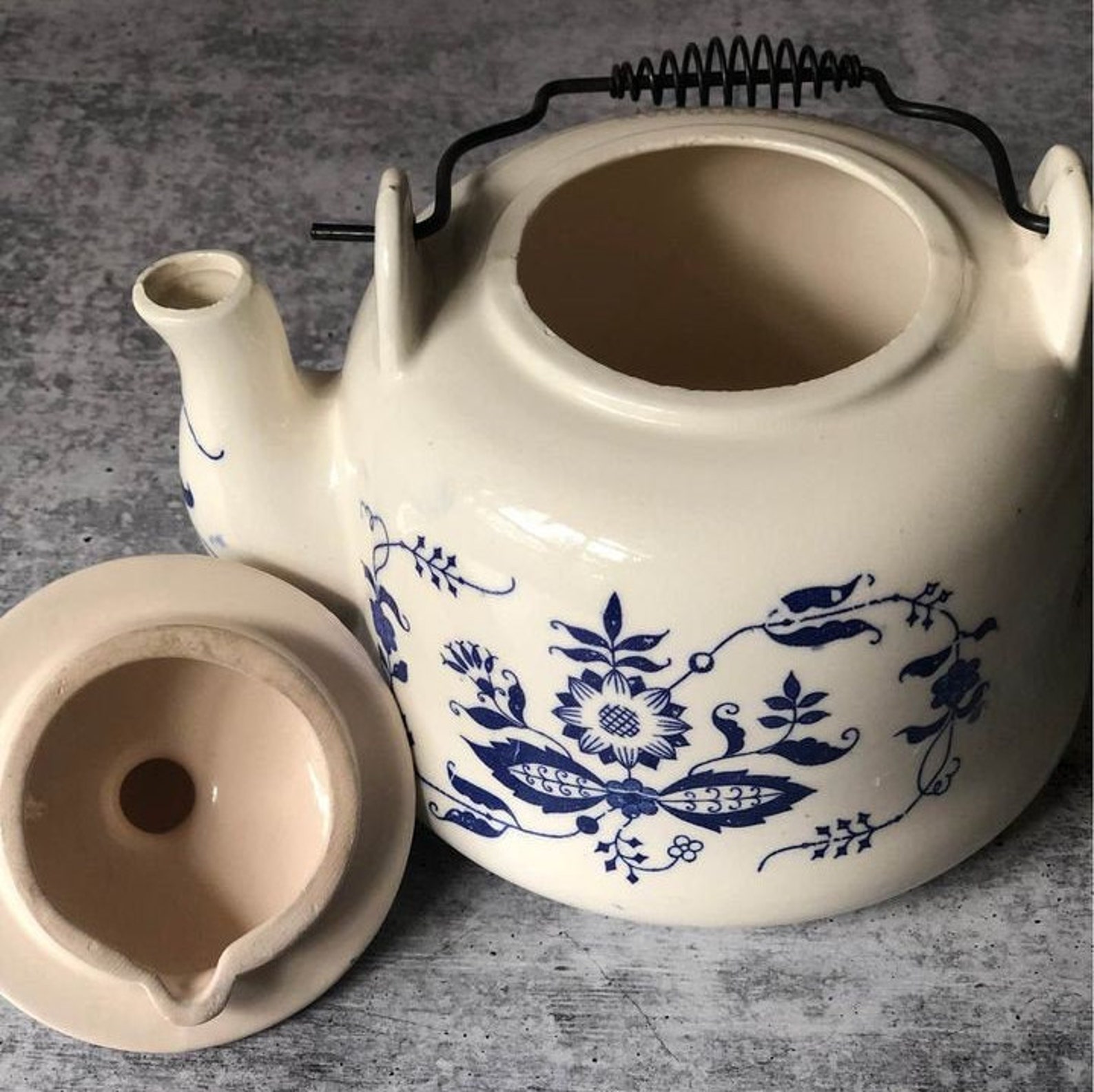 Vintage Stoneware Blue White Floral Tea Pot Kettle Cottage | Etsy