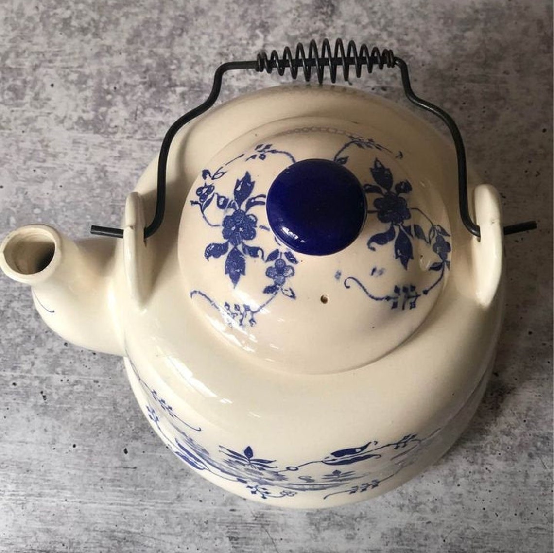 Vintage Stoneware Blue White Floral Tea Pot Kettle Cottage | Etsy