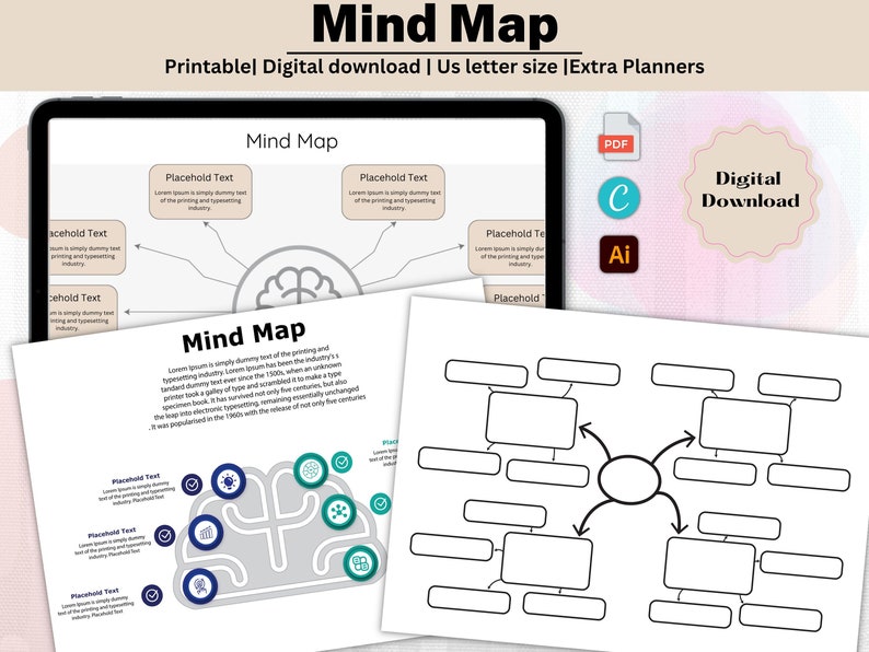 Mind Maps Digital Templates, Mind Map Canva Template, Mins Map Template ...
