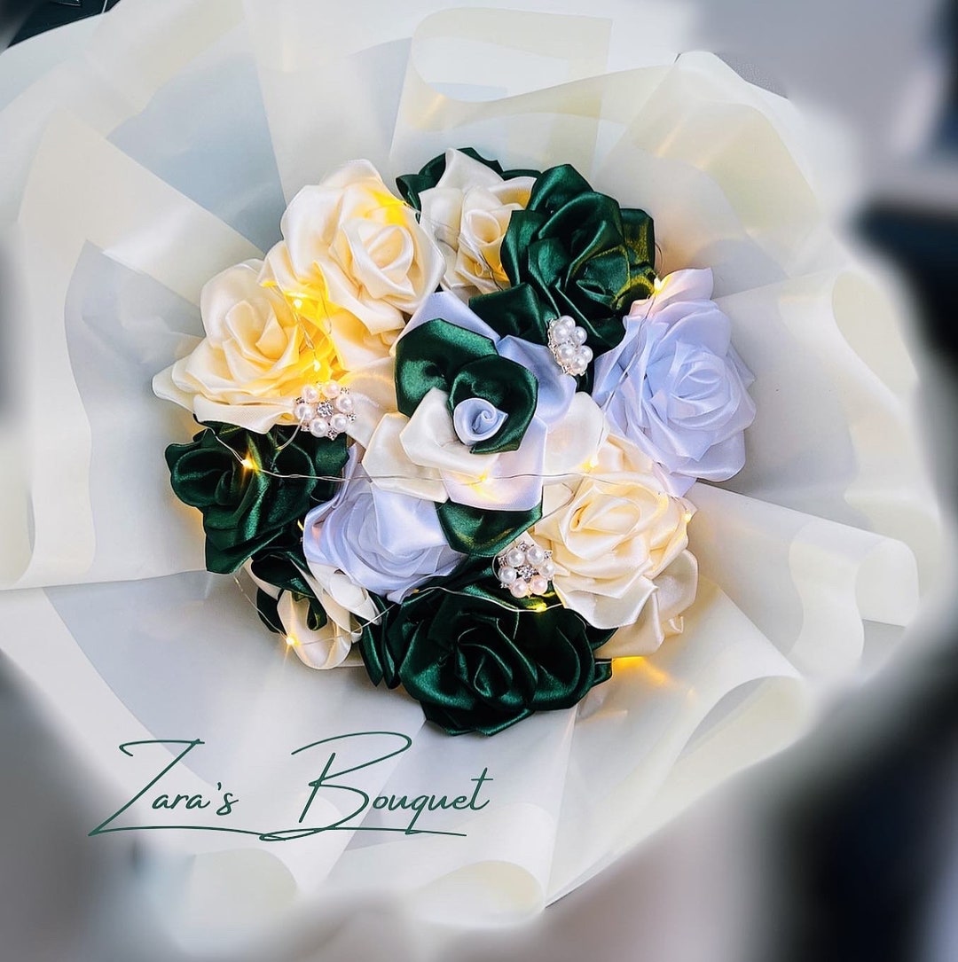 Emerald Green Ribbon Rose Bouquet - Etsy