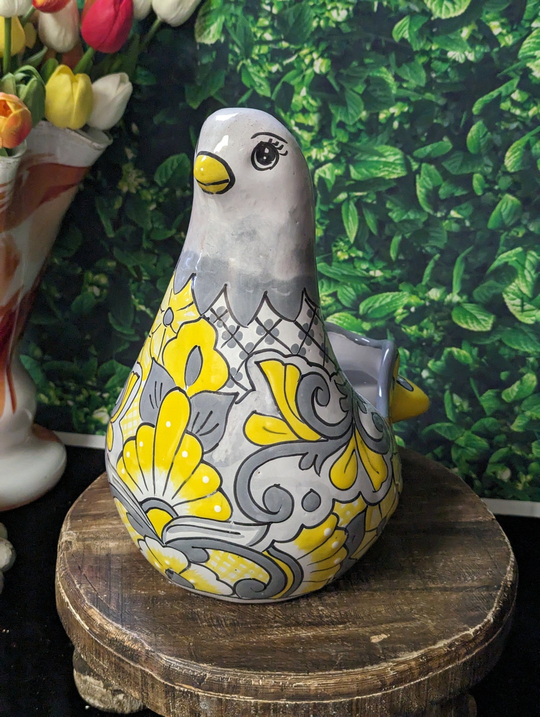 New Talavera Style Yellow White Grey Pigeon Dove Bird Planter Hand Made ...