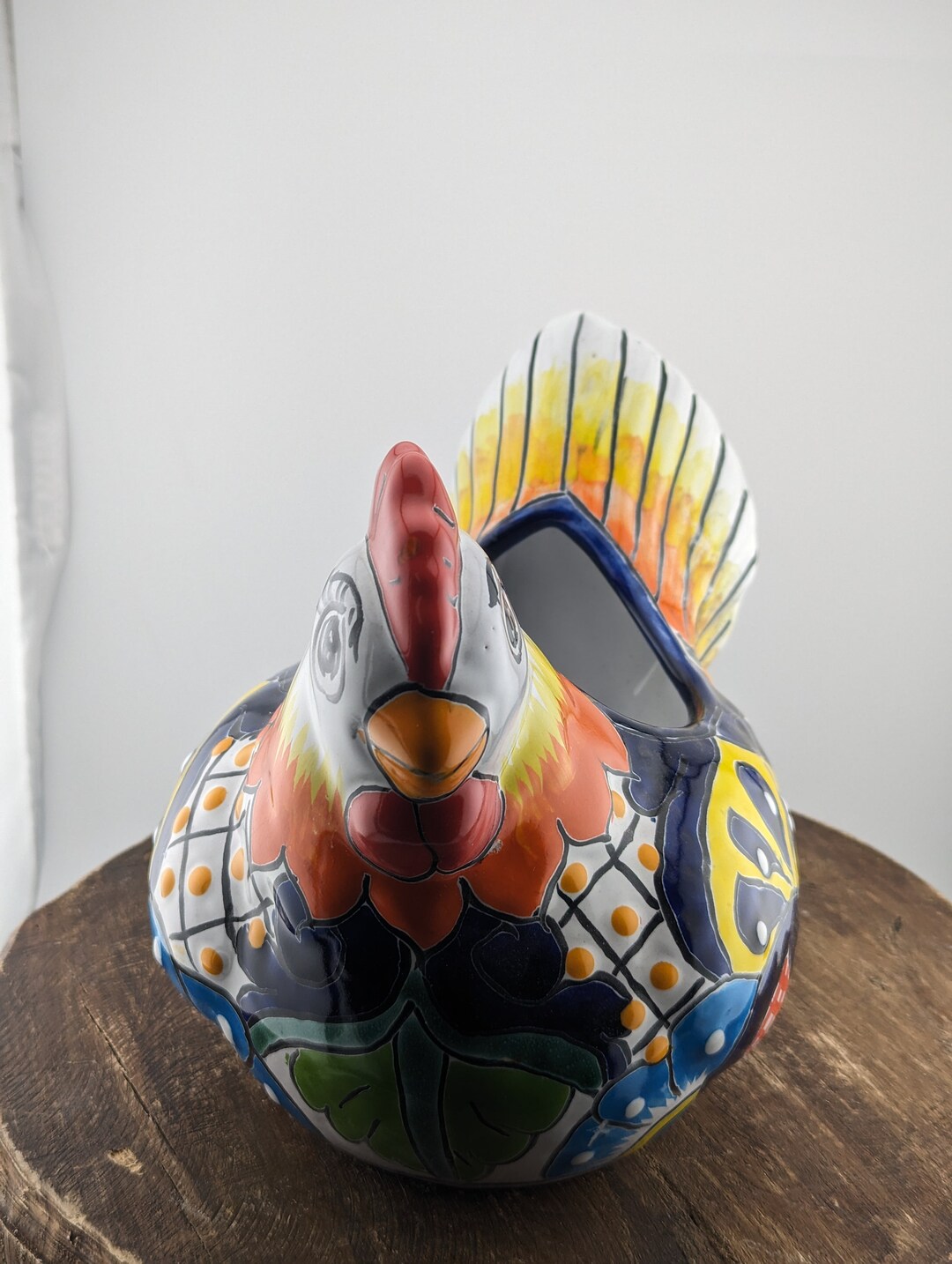 New Talavera Style Rooster Hen Chicken Colorful White Orange Planter ...