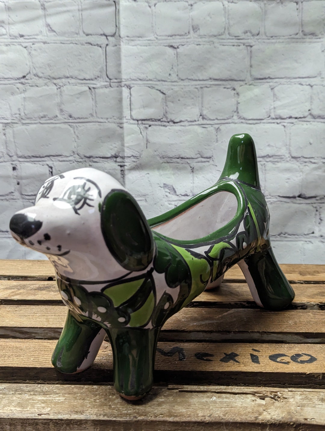 New Talavera Style Weiner Dog Dachshund Light Dark Green White Hand ...