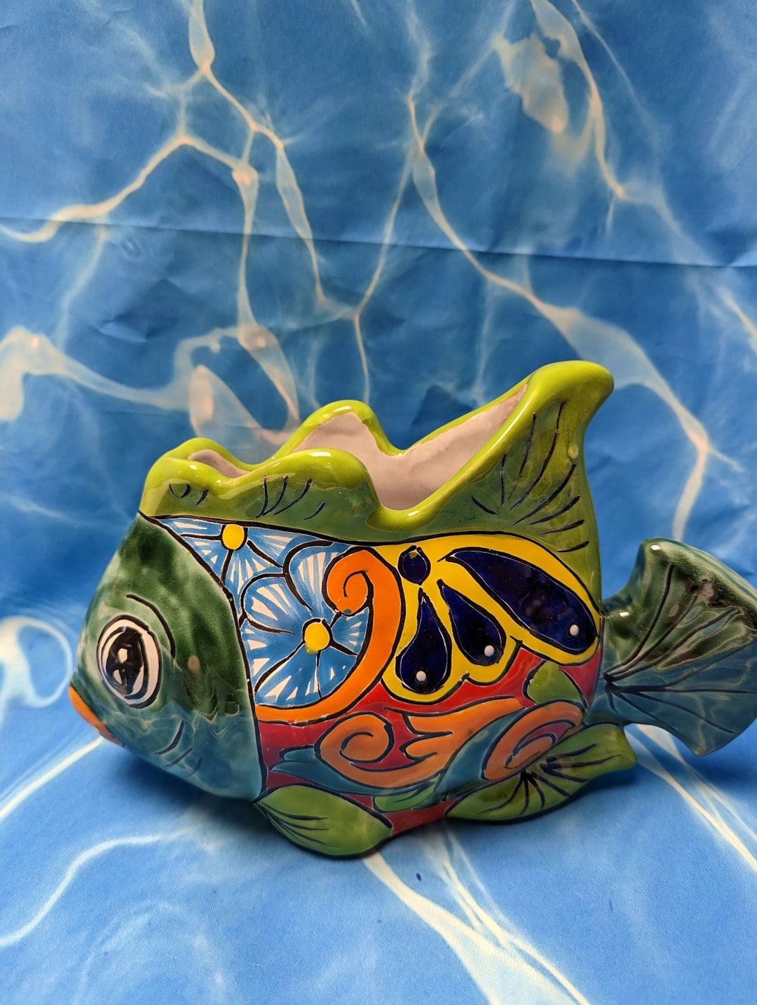 New Talavera Style Yellow Green Red Orange Fish Planter Hand Made Hand ...